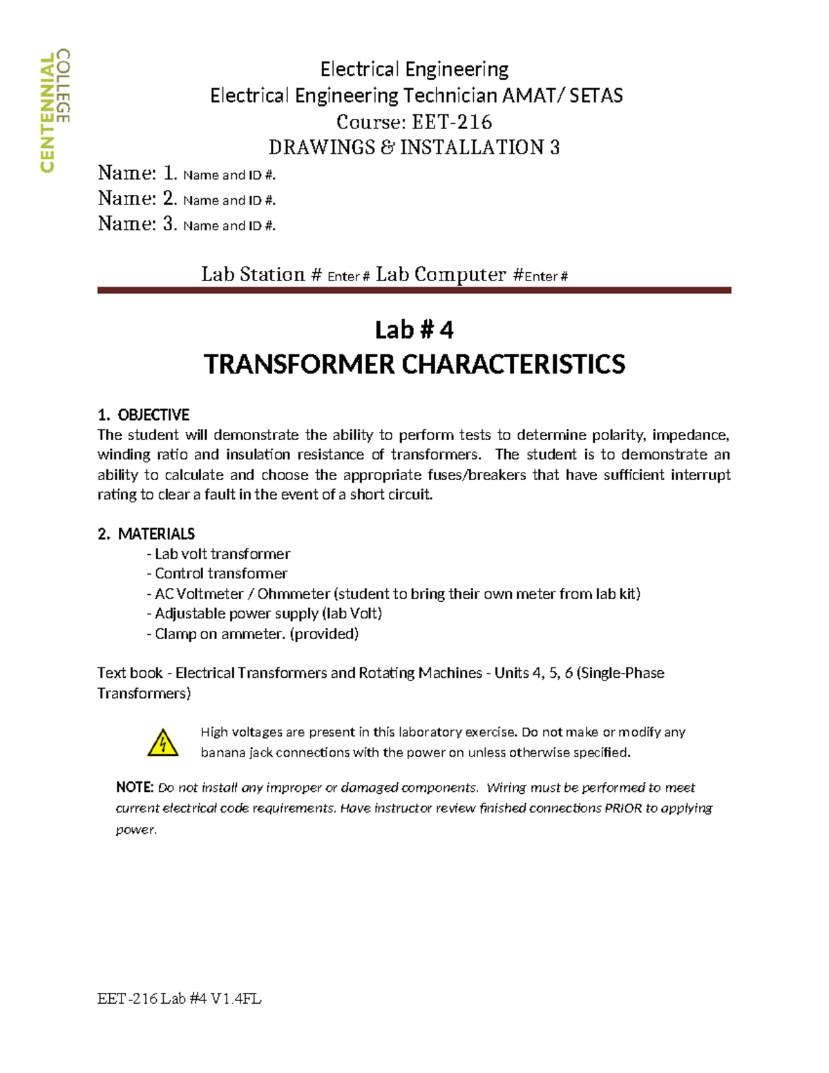 EET-216 LAB #4 V1.4FL - Transformer construction and testing ...