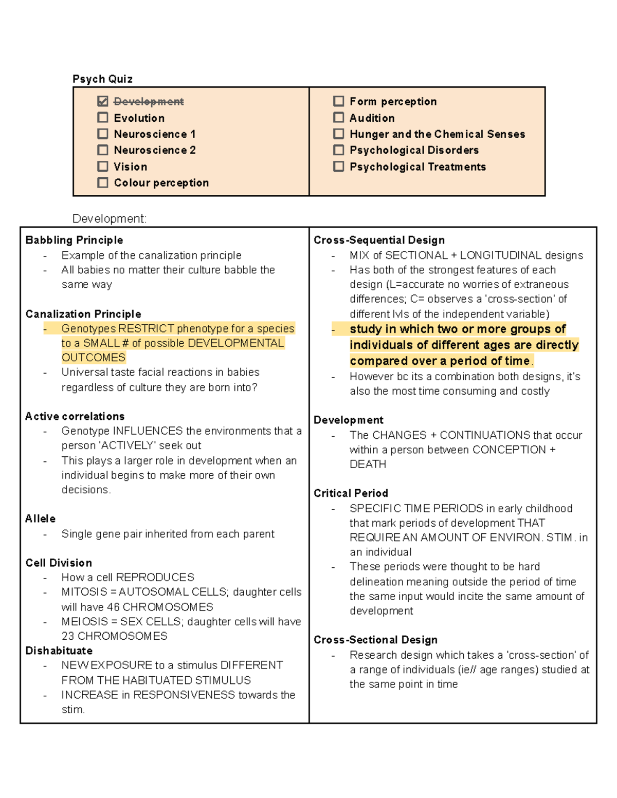 Psych - summary of key topics - Psych Quiz Development Evolution ...