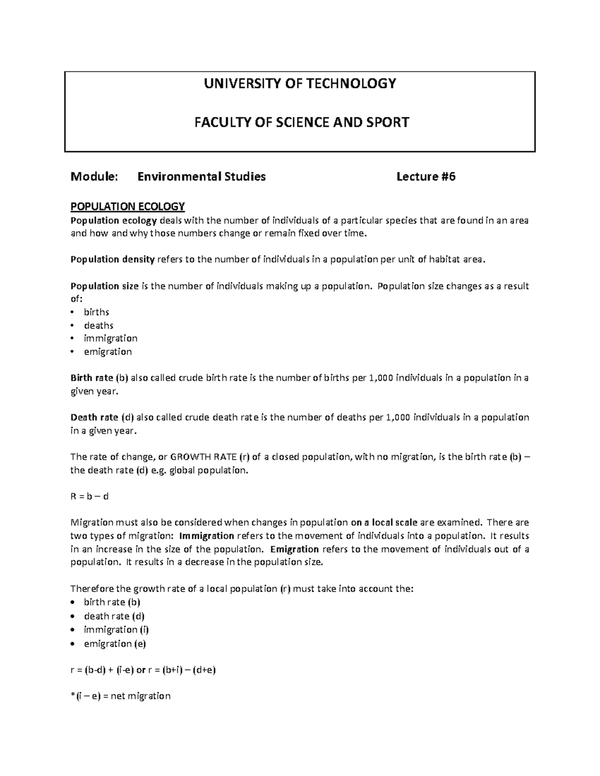 Lecture #6 Notes - UNIVERSITY OF TECHNOLOGY FACULTY OF SCIENCE AND ...