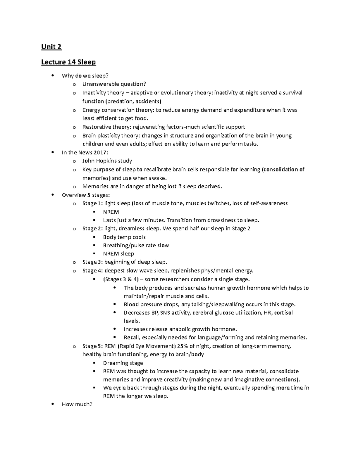 Unit 2 - HPR 105 Lecture Notes - Unit 2 Lecture 14 Sleep Why do we ...