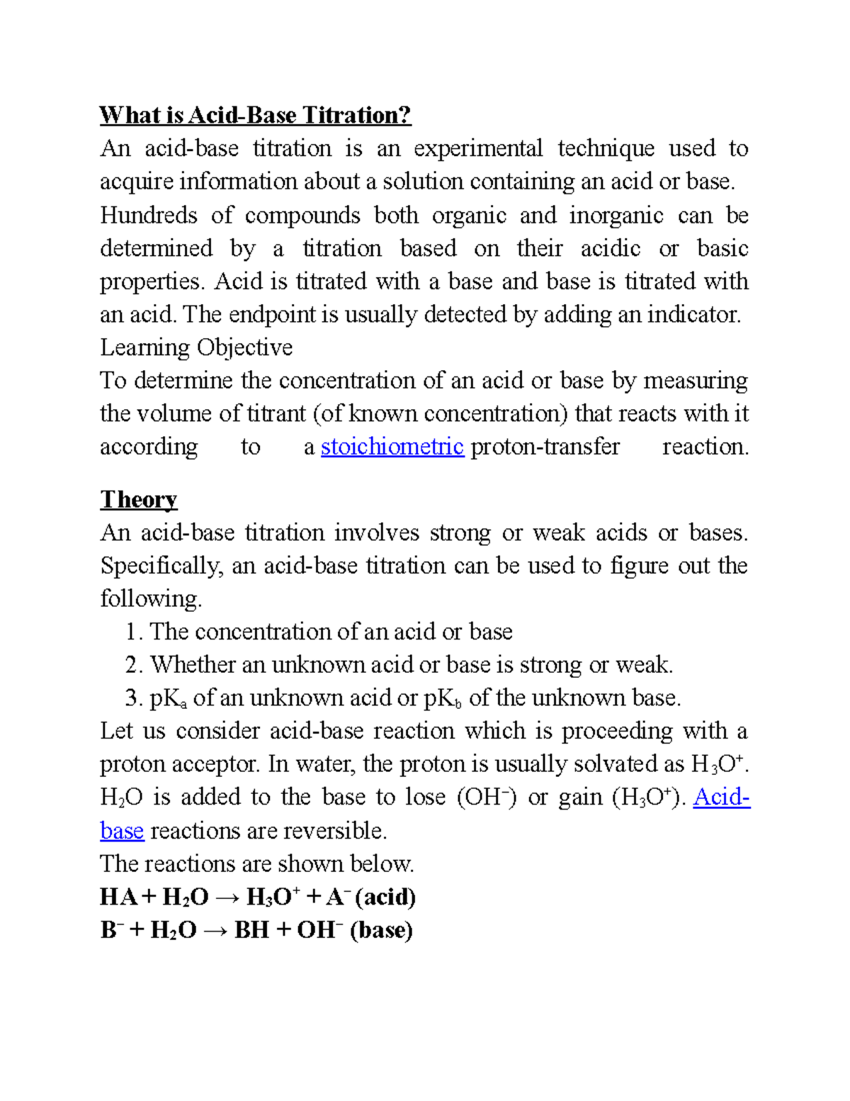 What is Acid - Lecture notes 1,2,3 - What is Acid-Base Titration? An ...