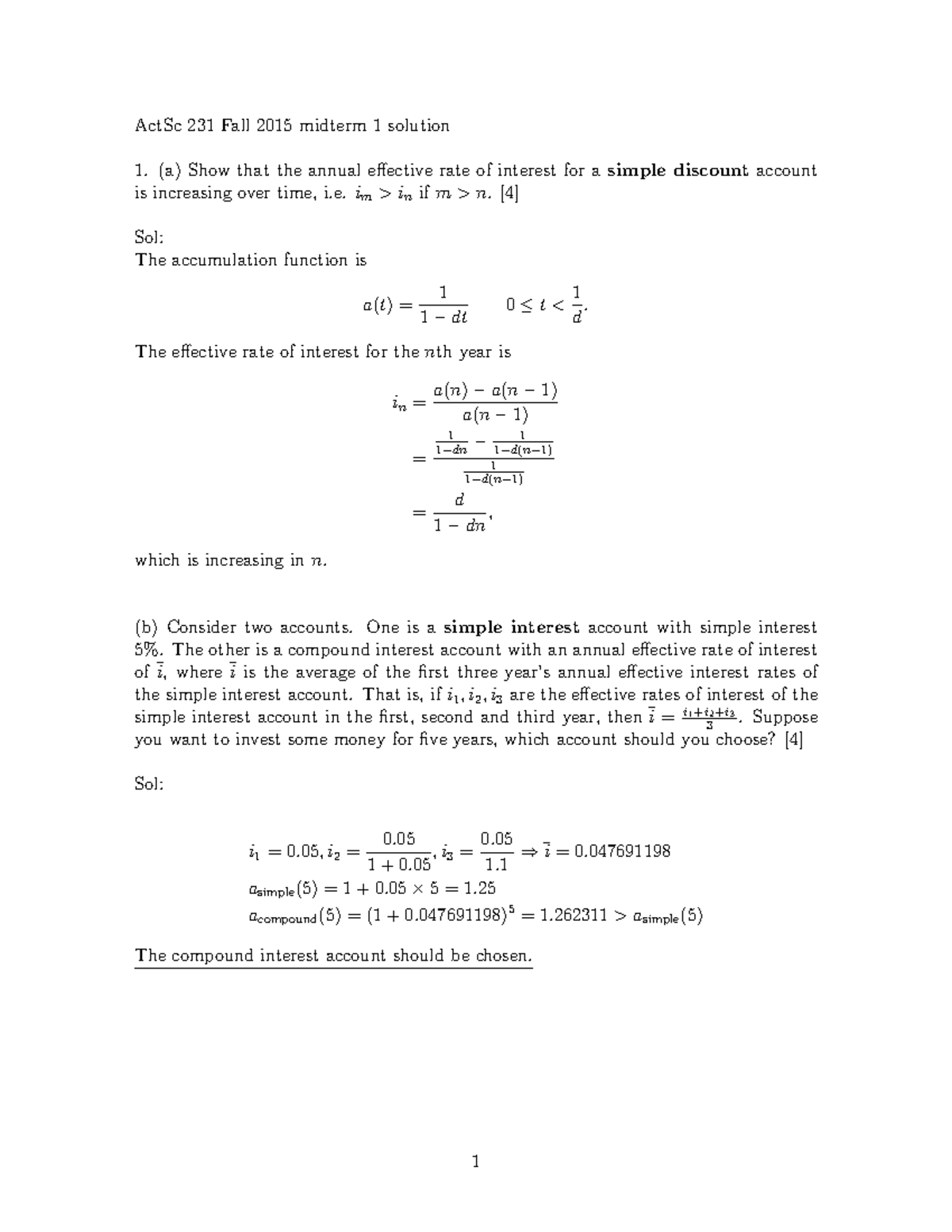 Midterm 15 October 2015, questions and answers - ActSc 231 Fall 2015 ...