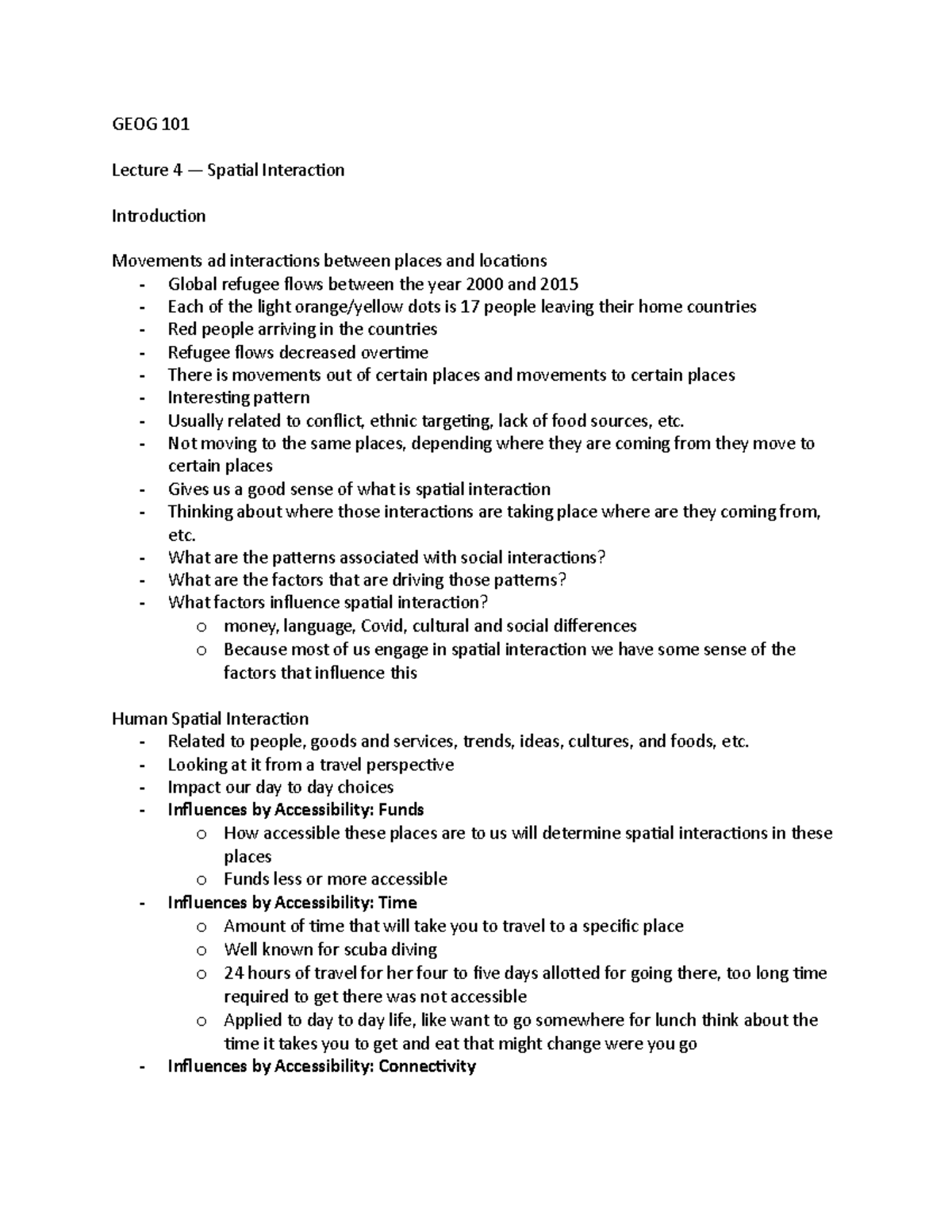 Geog 101 — Lec 4 Lecture Notes From Spatial Interaction Lectures Prof Erin Oconnell Geog