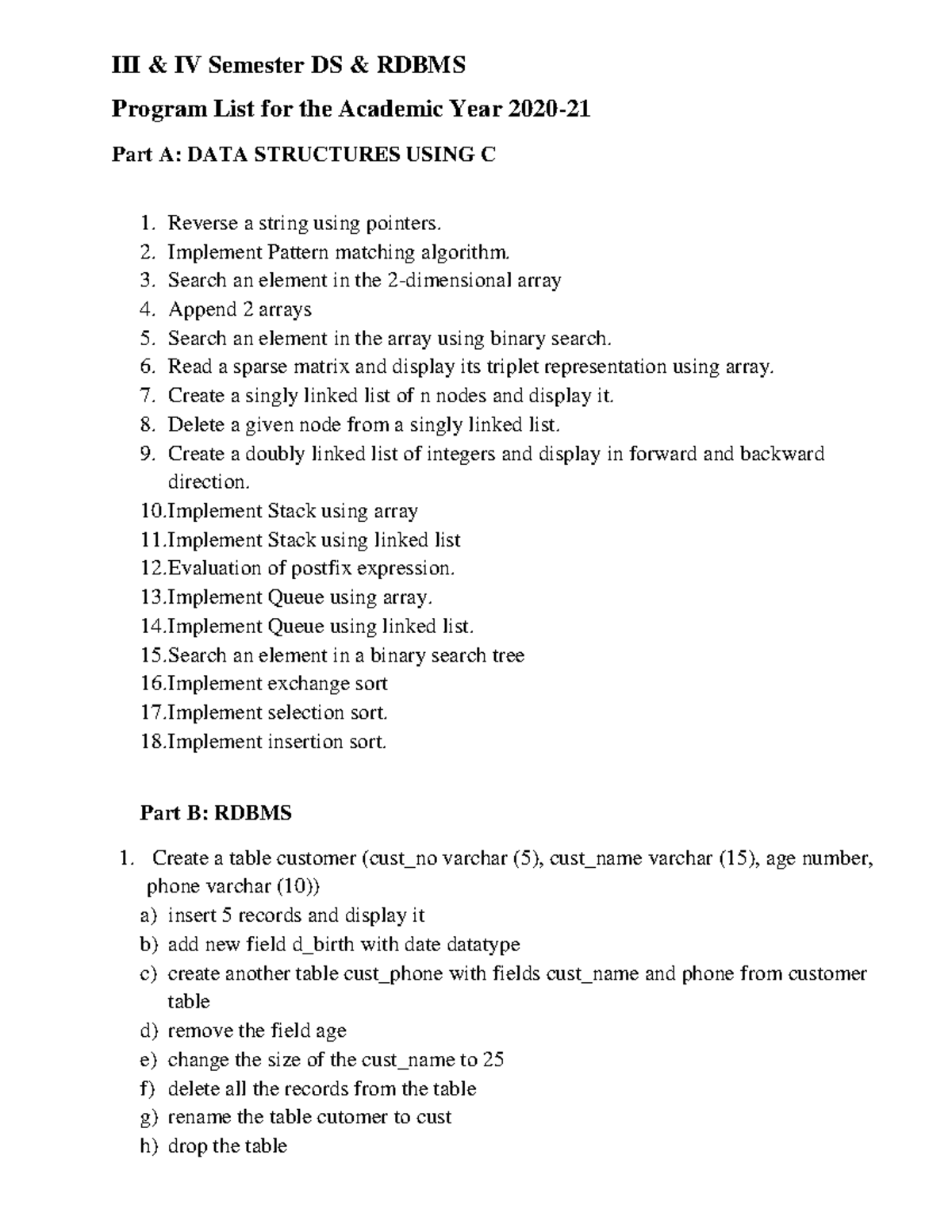 Iv Sem Core Ds And Rdbms 2021 Iii And Iv Semester Ds And Rdbms Program List