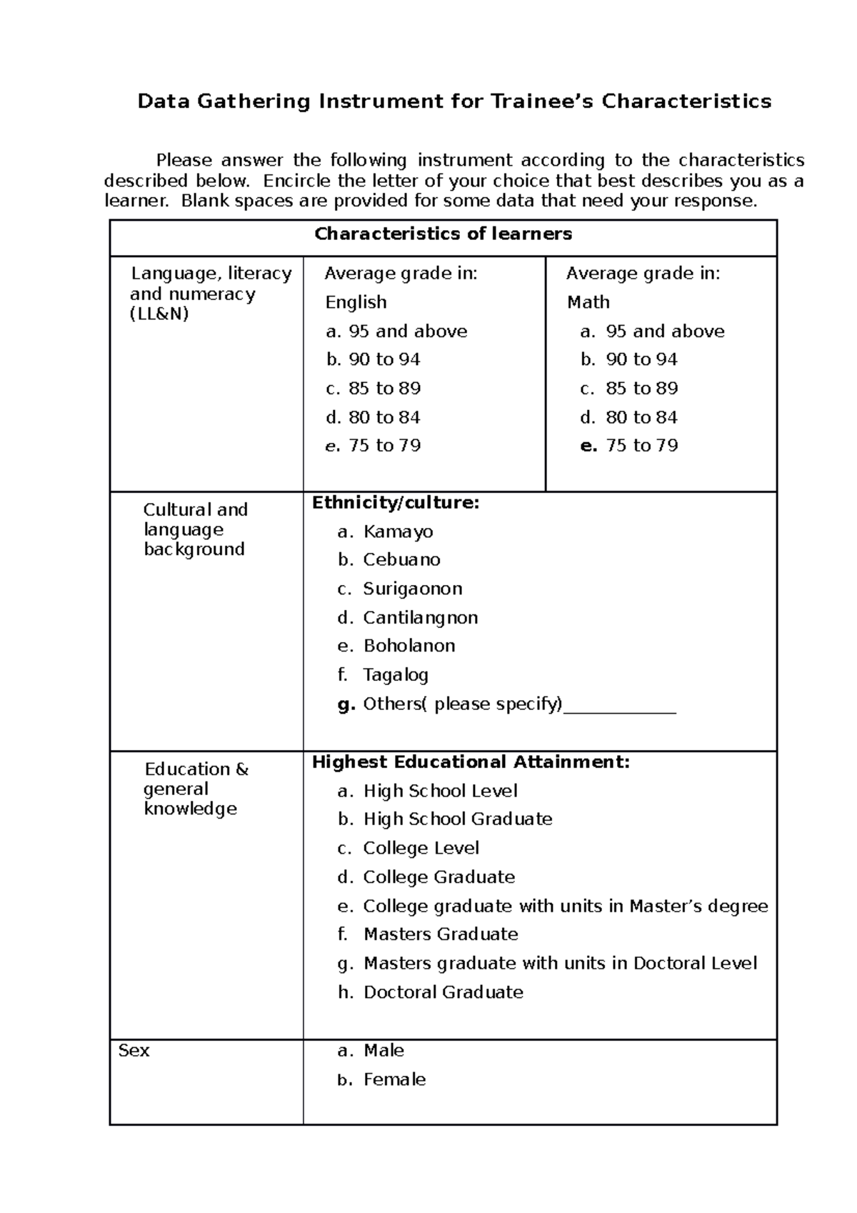 Plaza Data Gathering Instrument - Data Gathering Instrument for Trainee ...