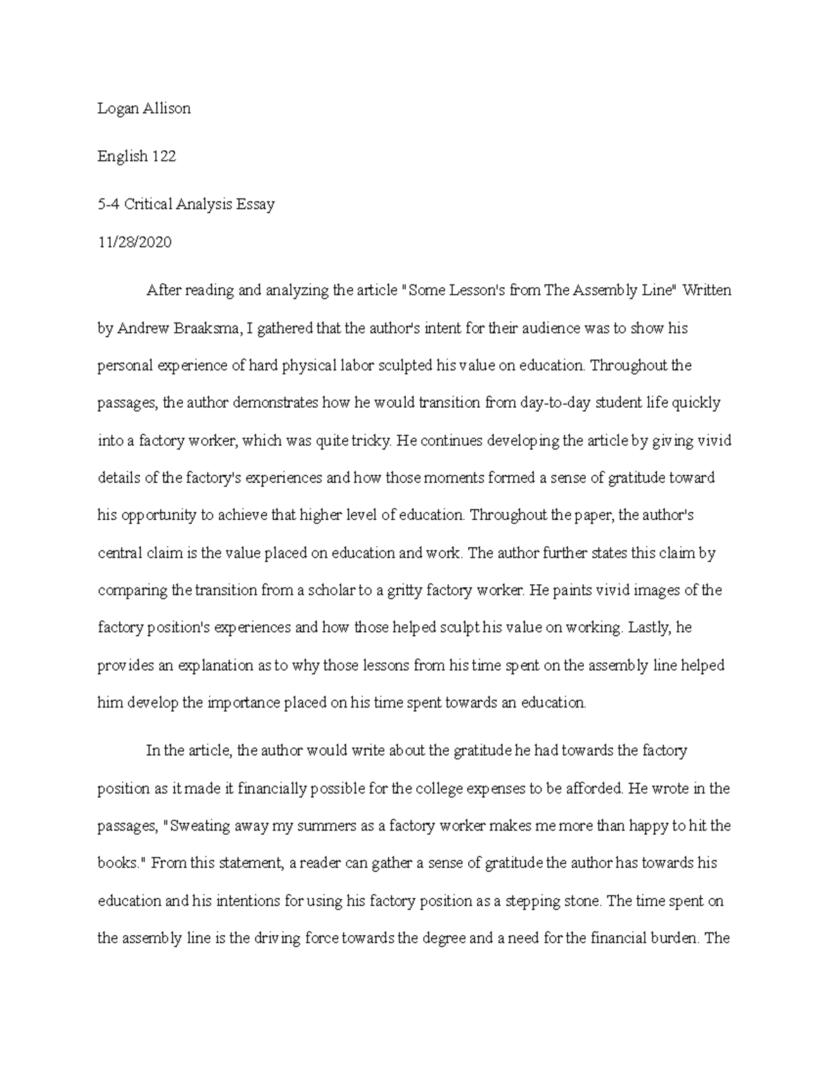 ENG-122 5-4 Critical Analysis Essay - Logan Allison English 122 5-4 ...