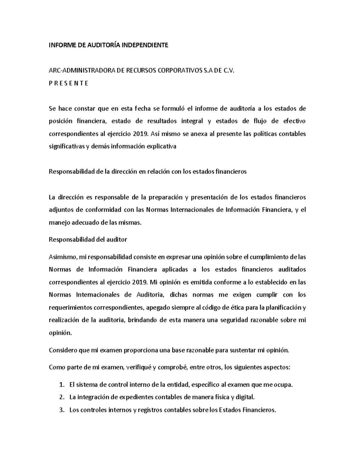 Informe DE Auditoría Independiente - Warning: TT: undefined function: 32 INFORME DE AUDITORÍA ...