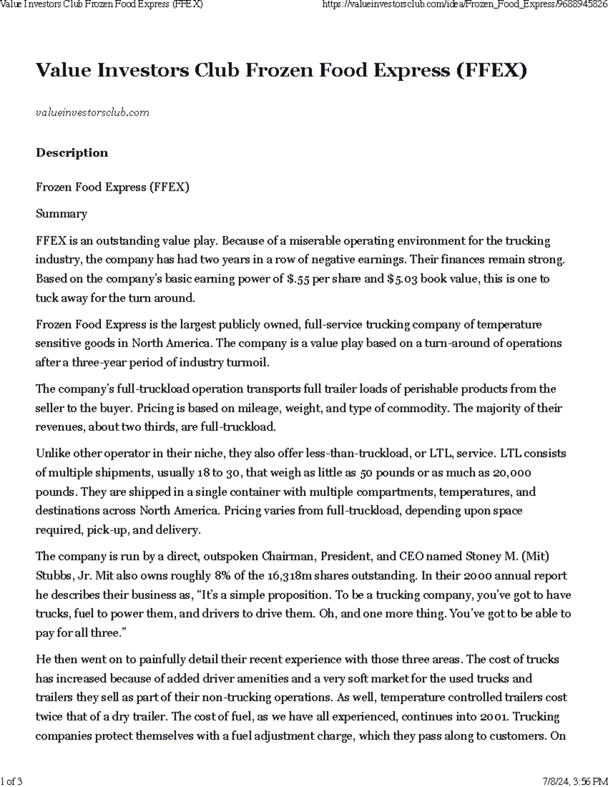 Value Investors Club Frozen Food Express (FFEX) - Value Investors Club ...