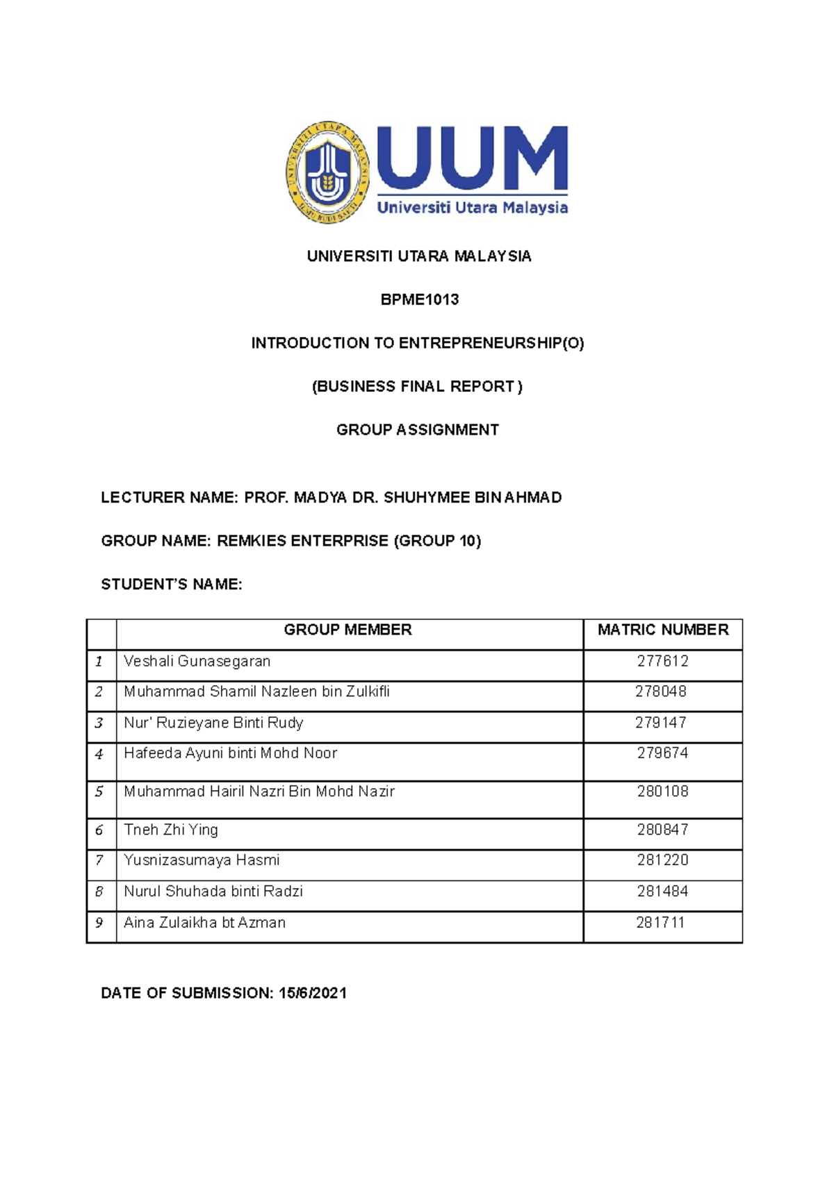 BPME1013 Final Report - notes - PRINCIPLES OF MANAGEMENT - UUM - Studocu