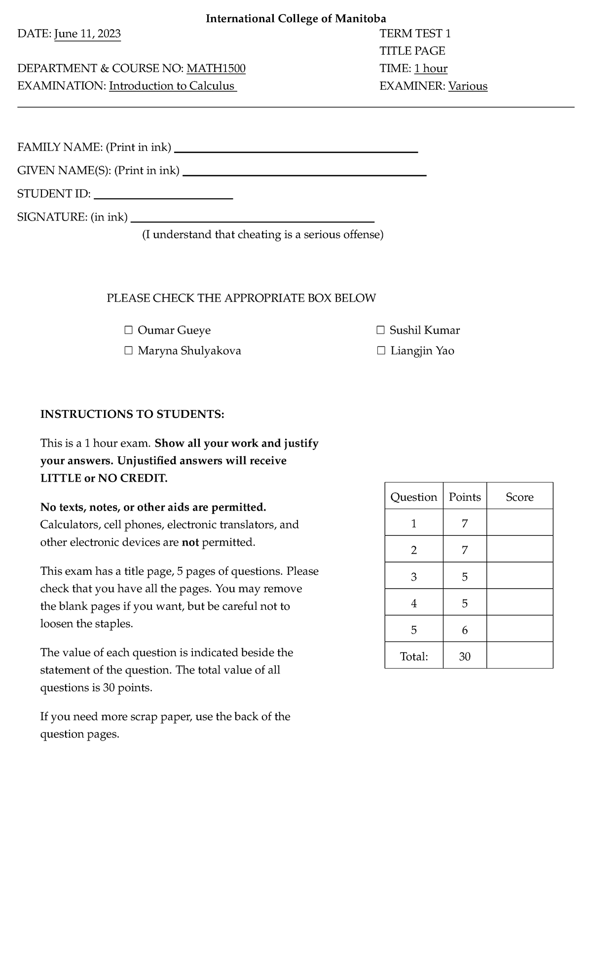 Midterm 1 soution Math1500 -Summer 2023 - DATE: June 11, 2023 ...