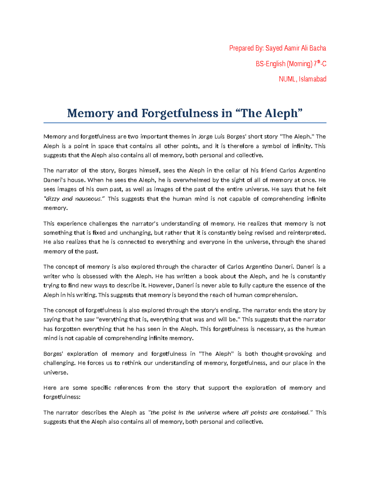 Memory and Forgetfullness in The Aleph - Prepared By: Sayed Aamir Ali ...
