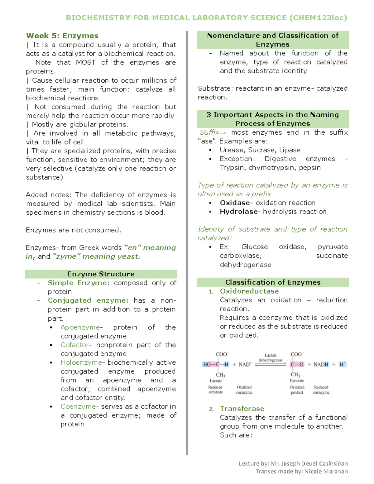 Week 5-Enzymes - Lecture by: Mr. Joseph Deuel Casinsinan Week 5 ...
