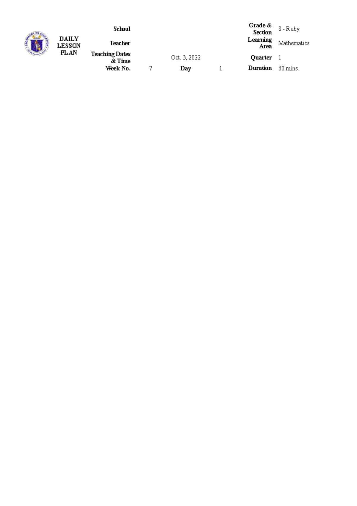 DLP Math 8 week 7 - Daily Lesson Plan in Factors of Polynomials with ...