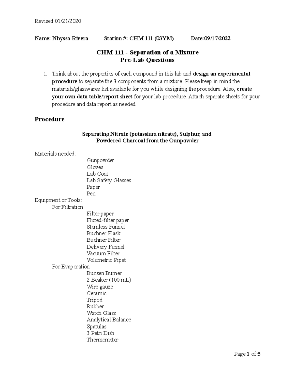 Pre Lab - CHM 111 Separation of a Mixture (1) - Name: Nhyssa Rivera ...