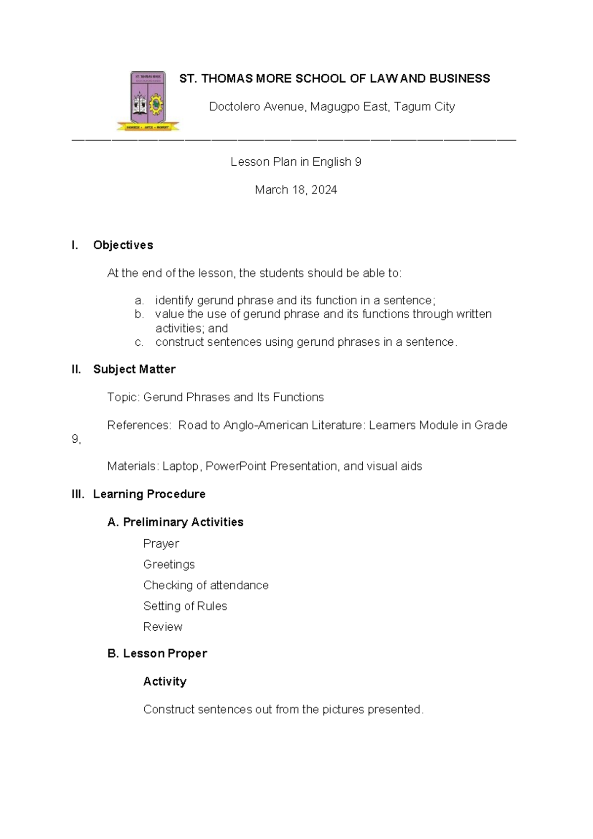 Gerund Phrase LP - lesson plan - ST. THOMAS MORE SCHOOL OF LAW AND ...