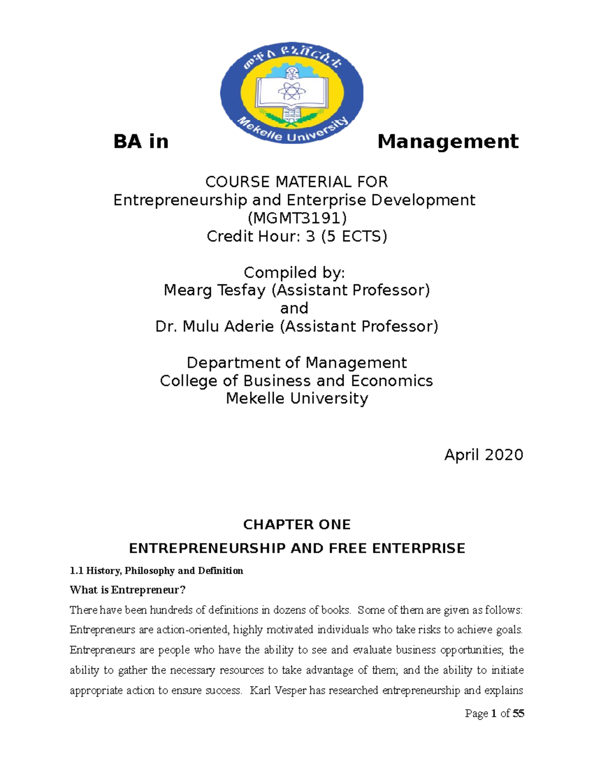 Entrep 1 - Chapter One lecture notes - BA in Management COURSE MATERIAL ...