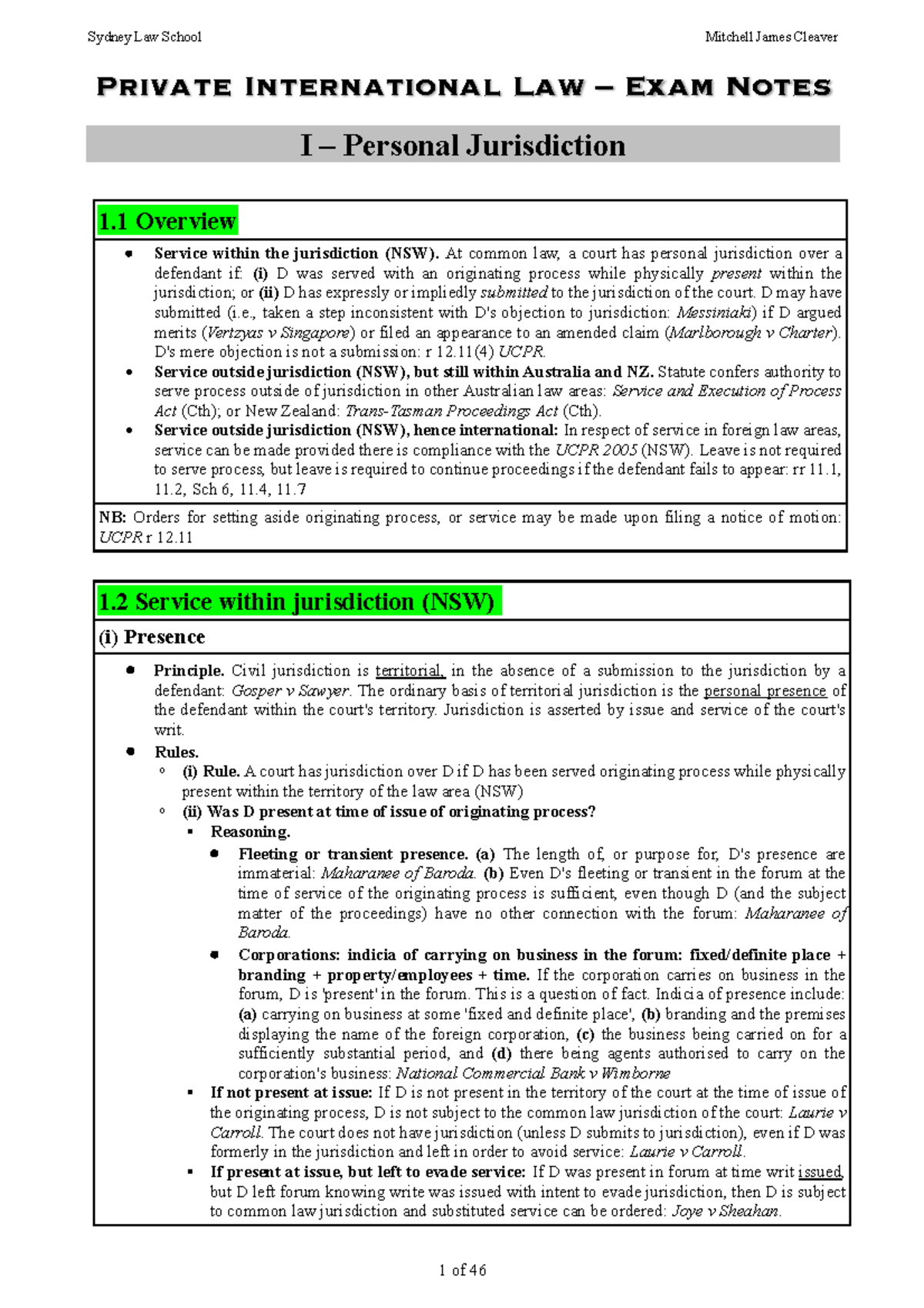 Mitch Cleaver Pil A Notes - Private International Law – Exam Notes I ...