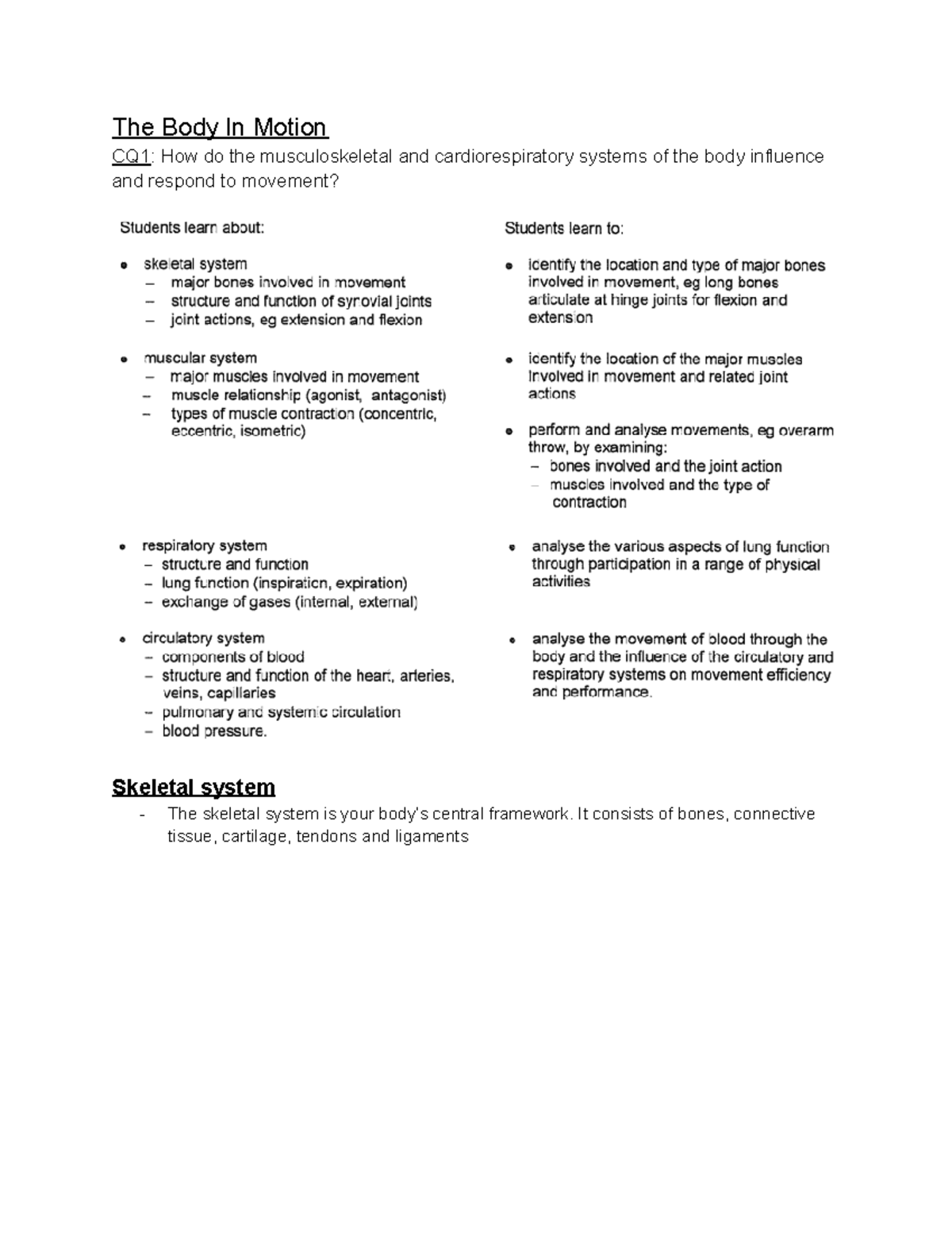 Study Notes Pdhpe - The Body In Motion CQ1: How do the musculoskeletal ...