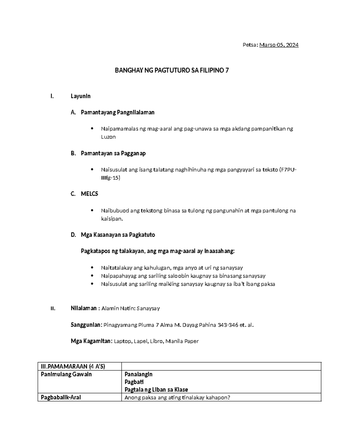 Sanaysay-Lesson-Plan - Petsa: Marso 05, 2024 BANGHAY NG PAGTUTURO SA ...