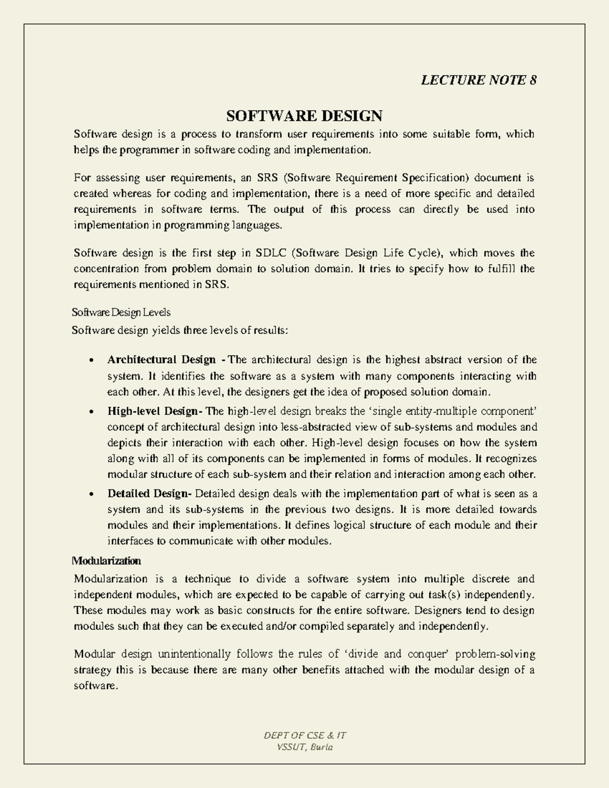SOFTWARE DESIGN - DEPT OF CSE & IT LECTURE NOTE 8 SOFTWARE DESIGN ...