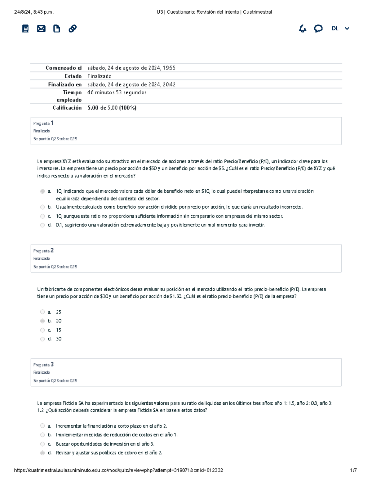 U3 Cuestionario Revisión del intento Cuatrimestral deiber v2 - Comenzado el sábado, 24 de agosto ...