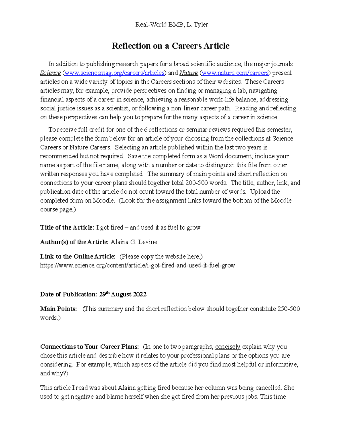 Career reflection 6 - Real-World BMB, L. Tyler Reflection on a Careers ...