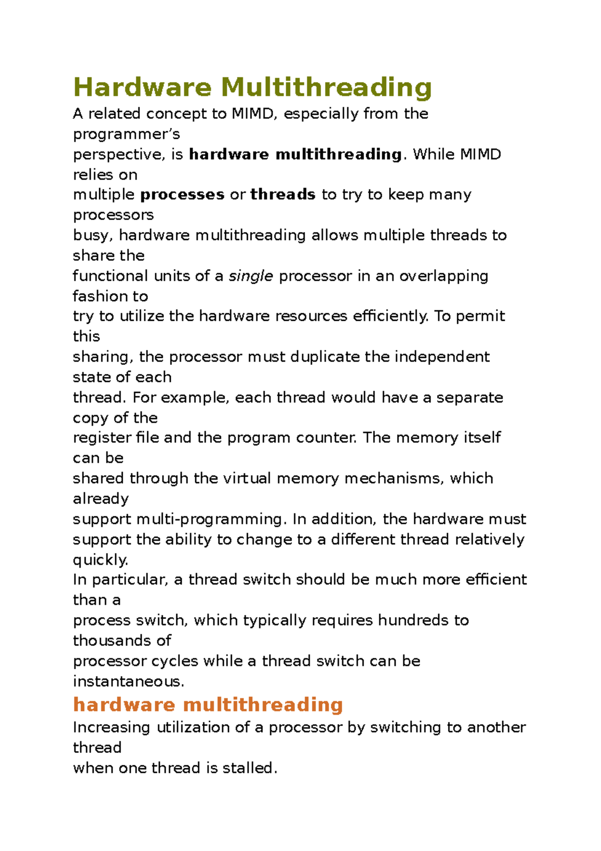 Hardware Multithreading While Mimd Relies On Multiple Processes Or Threads To Try To Keep Many 7798