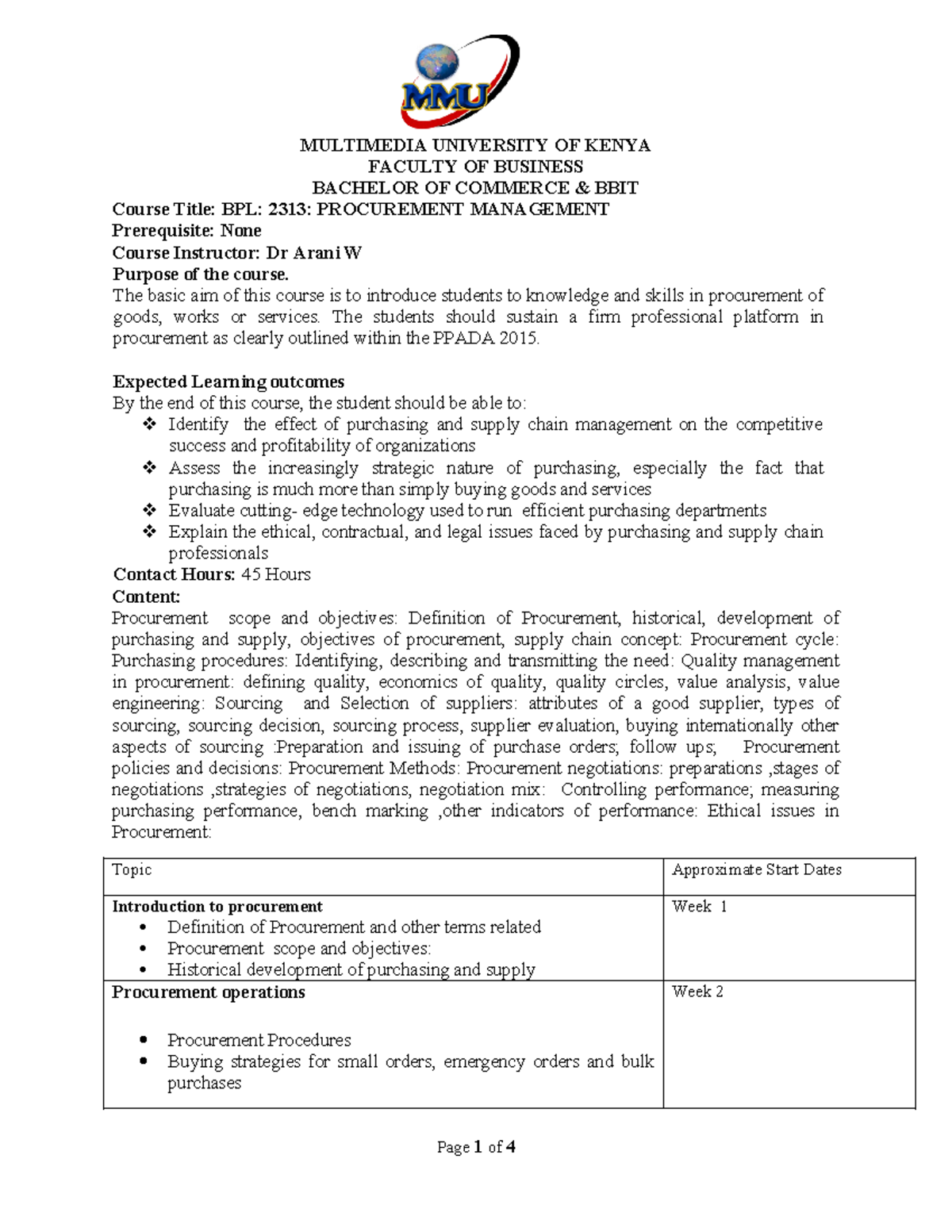 Procurement mgt course outline - MULTIMEDIA UNIVERSITY OF KENYA FACULTY ...