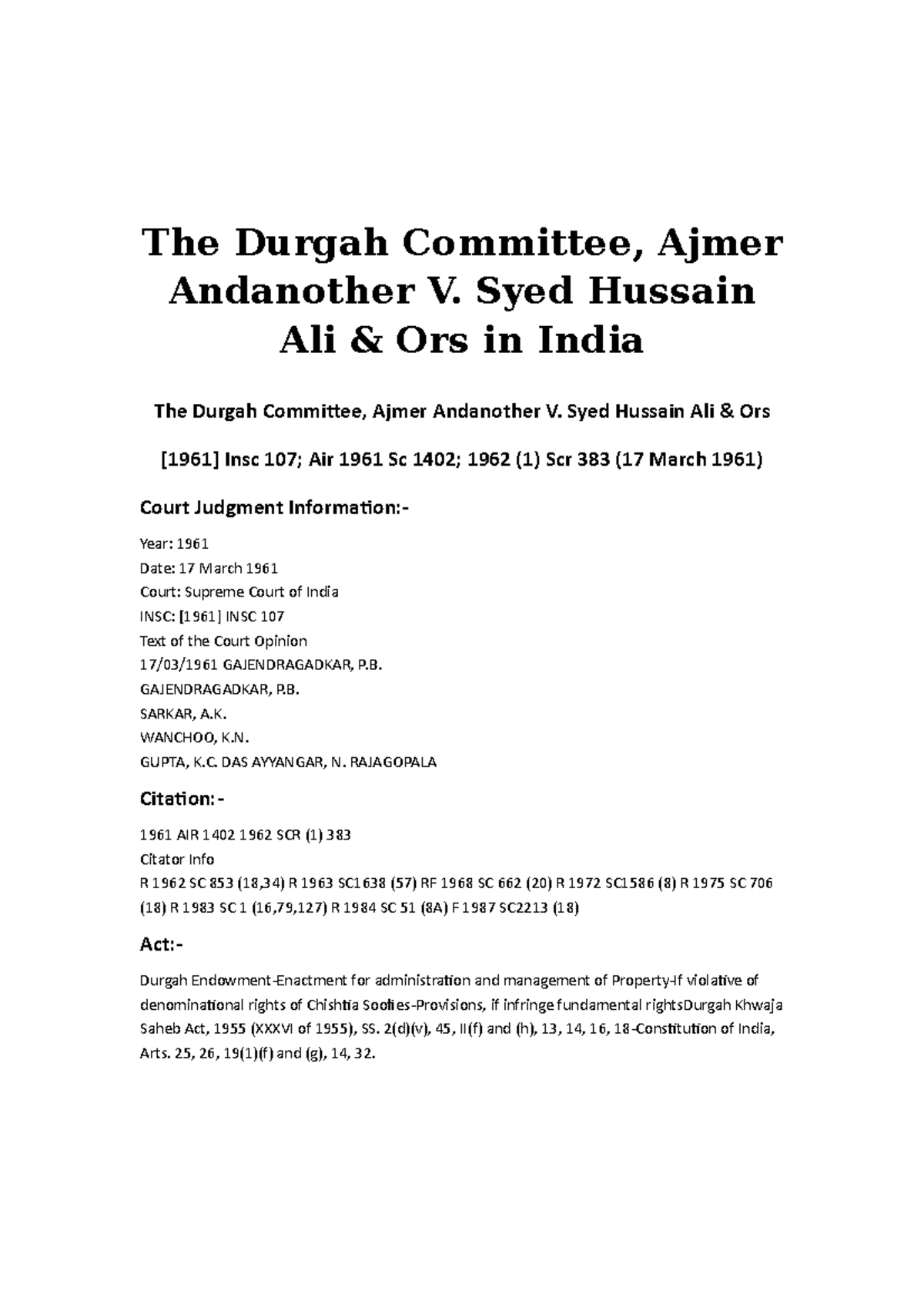 Constitutional law assignment - The Durgah Committee, Ajmer Andanother ...