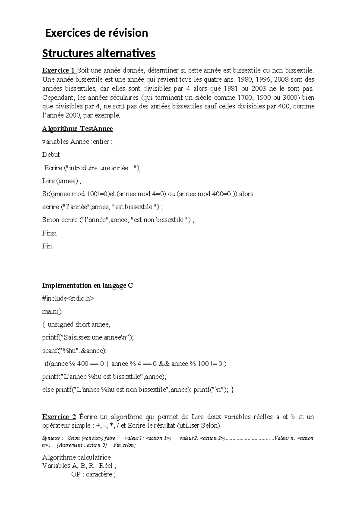 Exercices de revision - Exercices de révision Structures alternatives ...