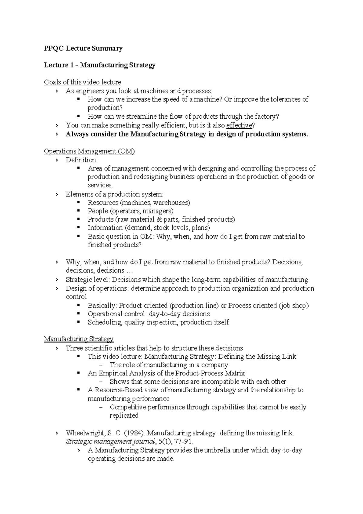 PPQC Lecture Summary - PPQC Lecture Summary Lecture 1 - Manufacturing ...
