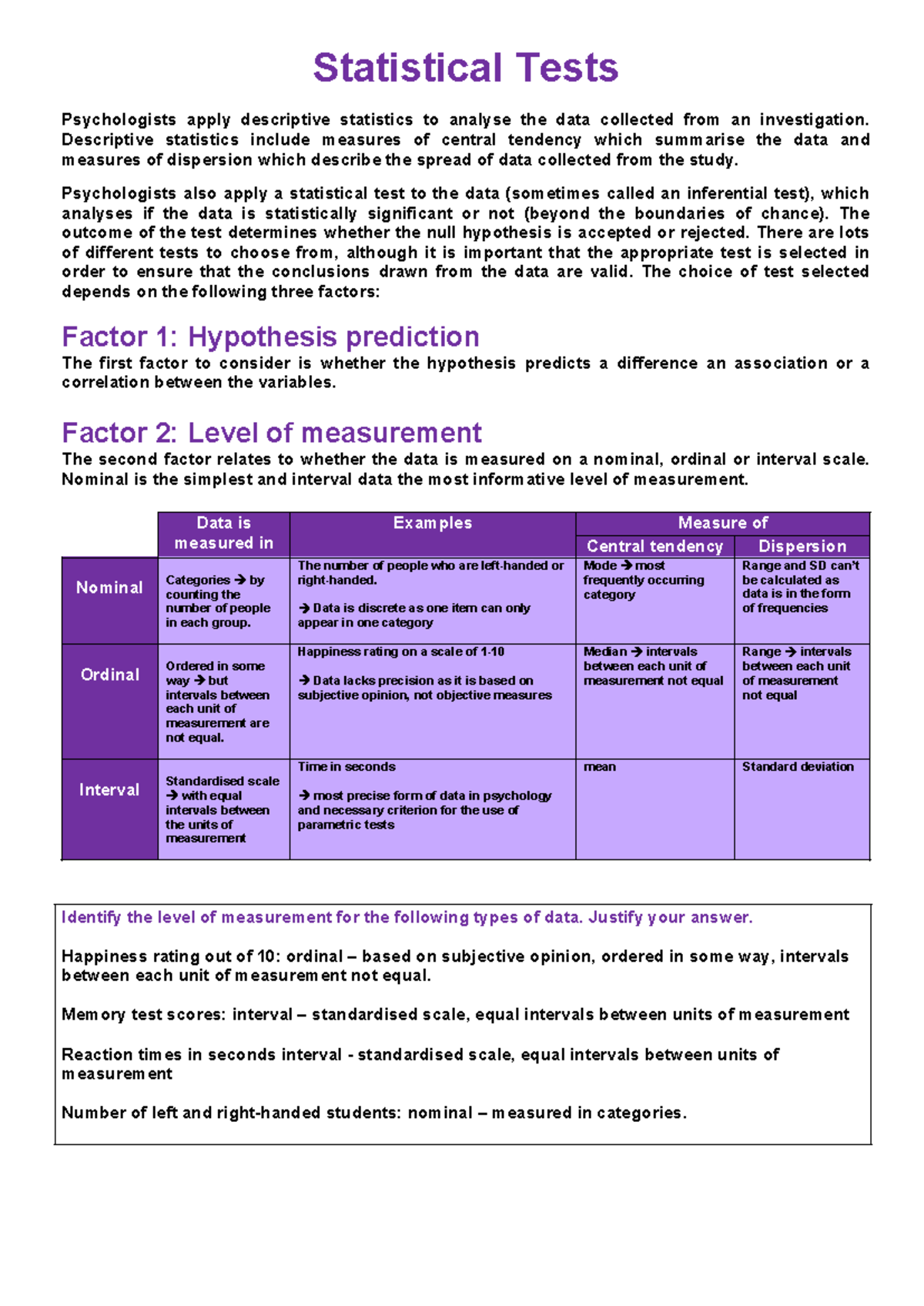 04. Statistical tests 2022 - Statistical Tests Psychologists apply ...