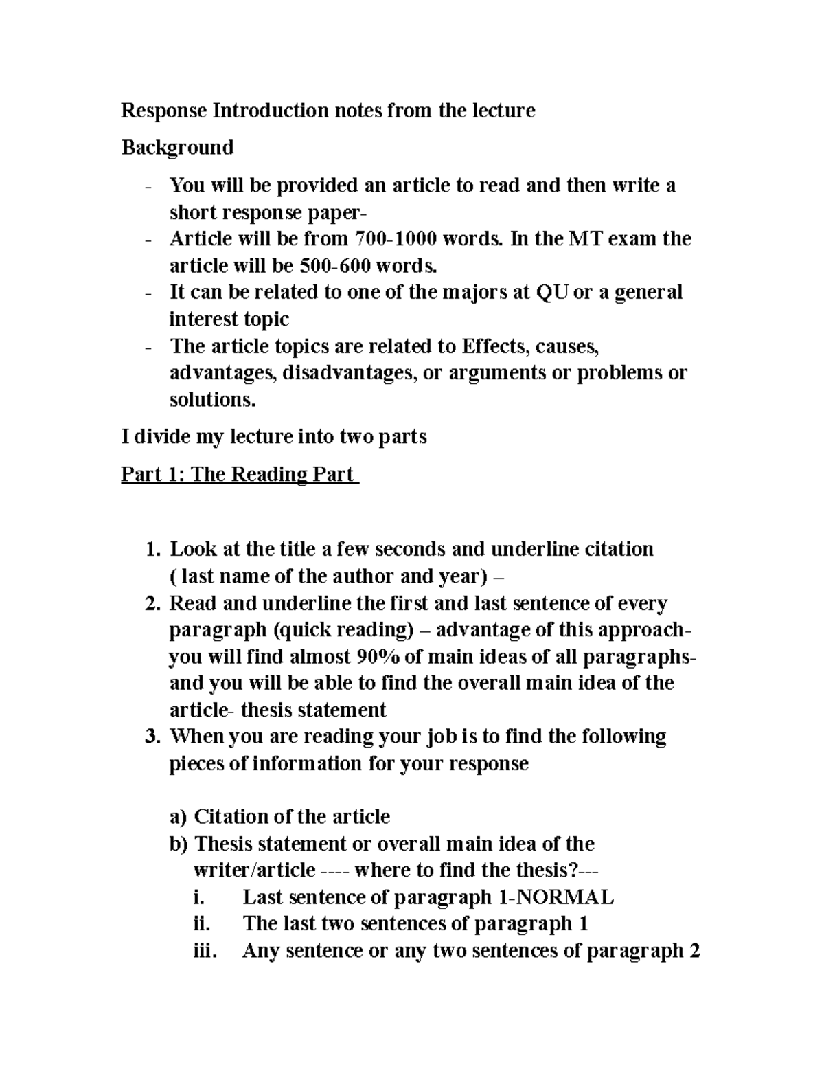 Lecture notes on Response Part 1 - Response Introduction notes from the ...