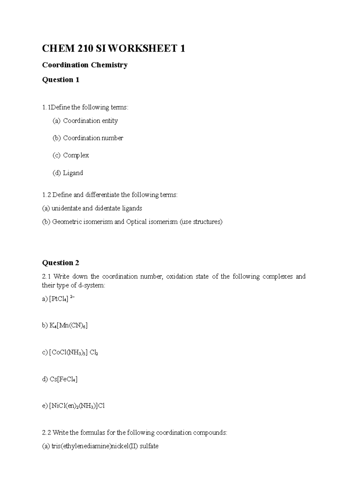 CHEM 210 SI Worksheet 1 - THANK - CHEM 210 SI WORKSHEET 1 Coordination ...