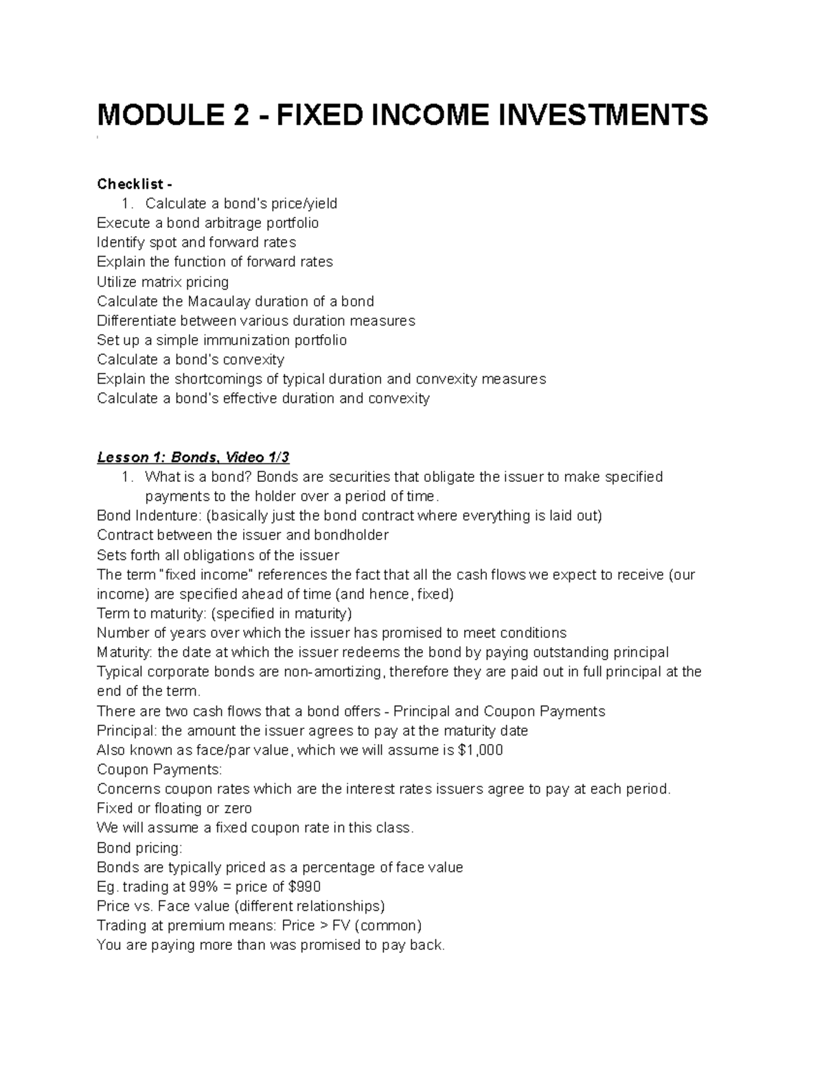 FINA4310 Module 2 Notes 2 - MODULE 2 - FIXED INCOME INVESTMENTS ...