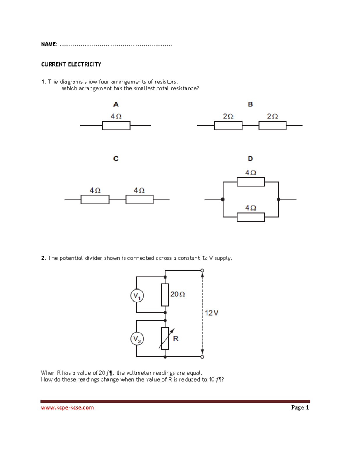 25. Current Electricity Q - NAME ...