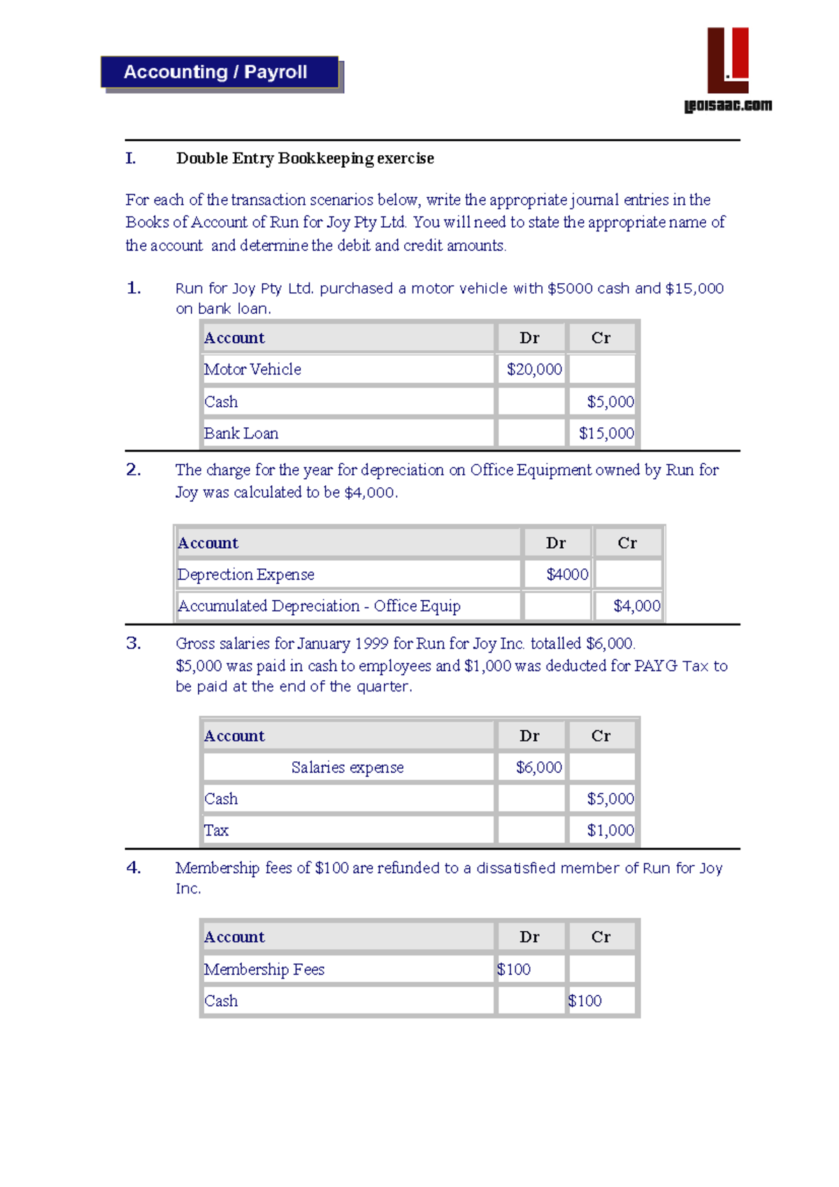 Exercise double entry week3 - I. Double Entry Bookkeeping exercise For ...