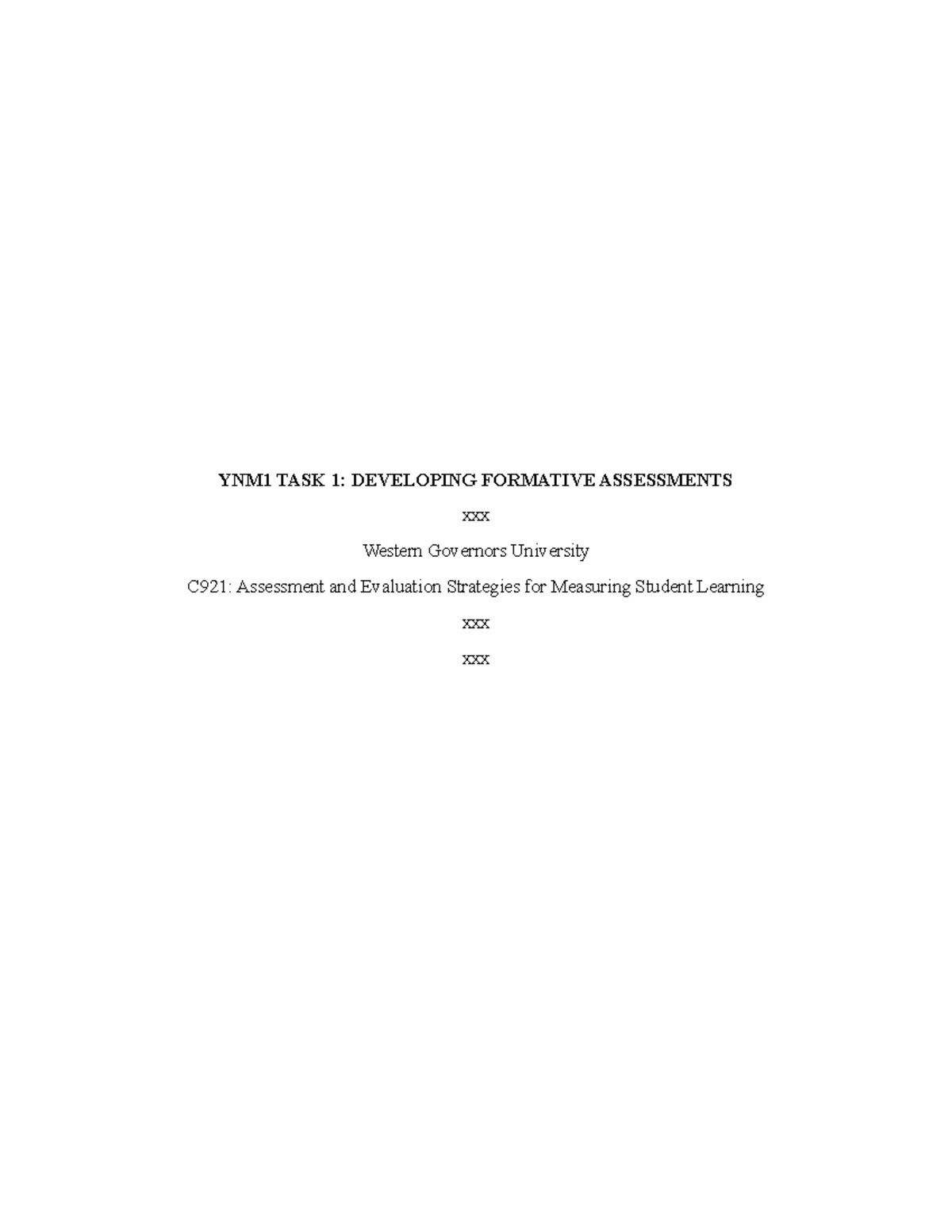 C921 YNM1 TASK 1 - YNM task 1 - YNM1 TASK 1: DEVELOPING FORMATIVE ...