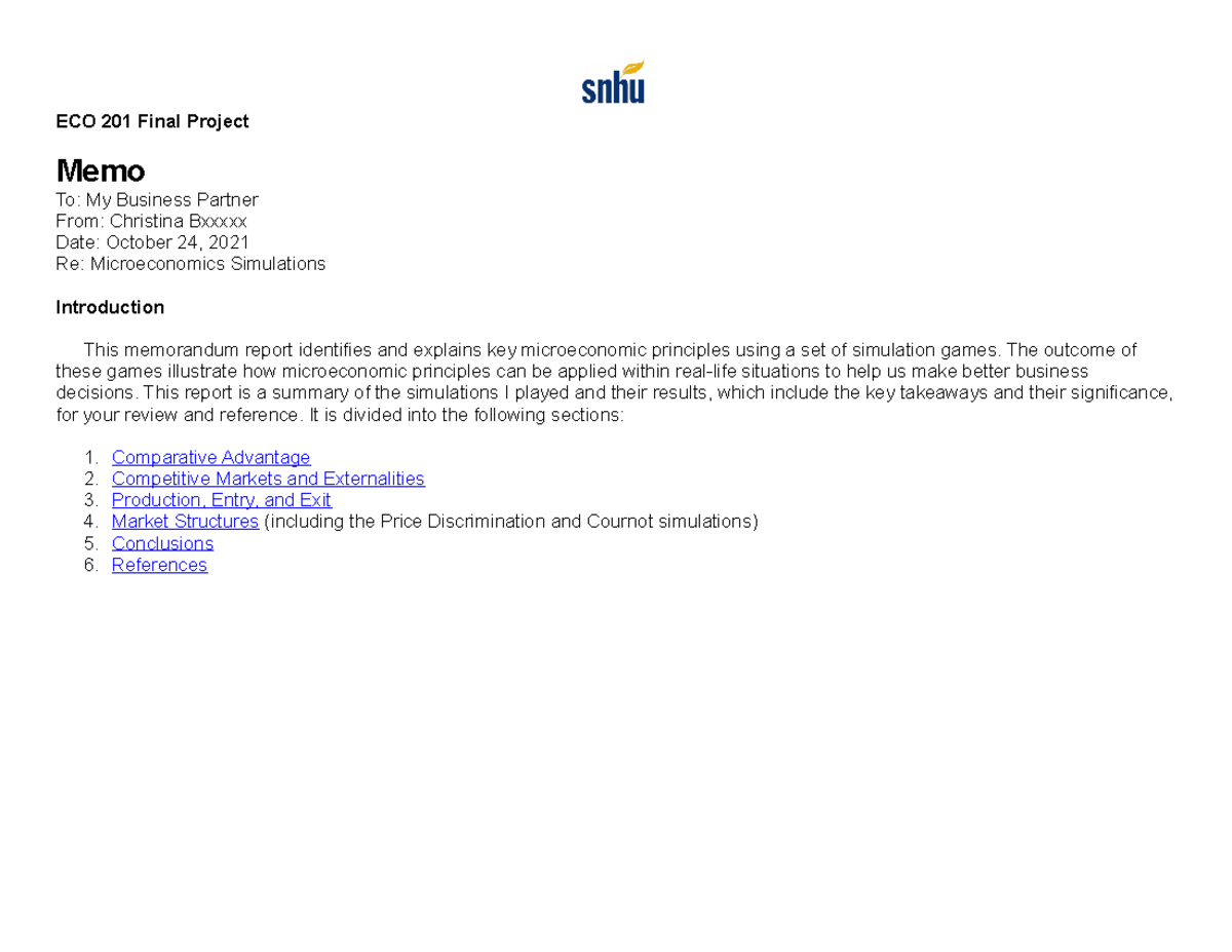 Eco201 final project - ECO 201 Final Project Memo To: My Business ...