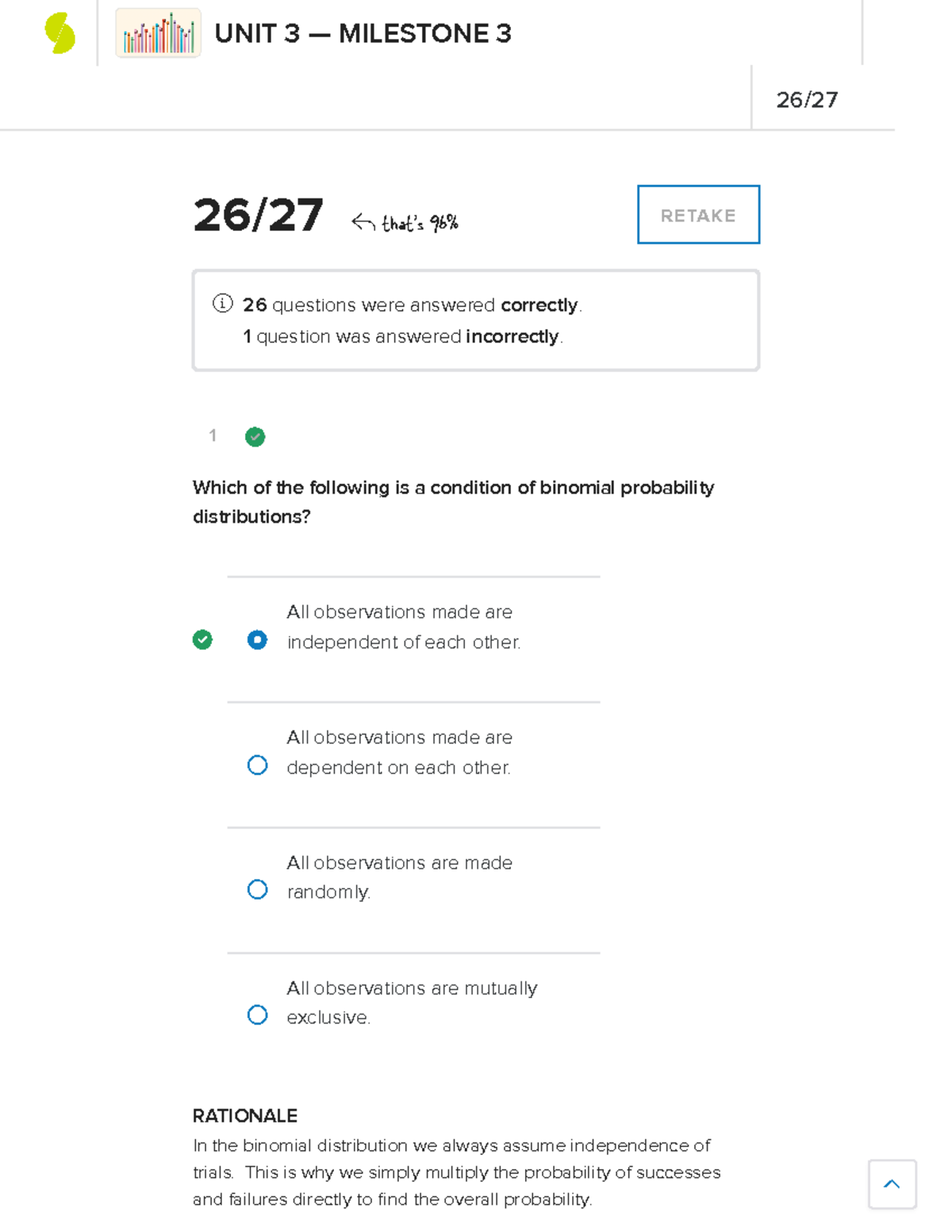 Module 3 - statistics - 1 26/27 that's 96% RETAKE 26 questions were ...