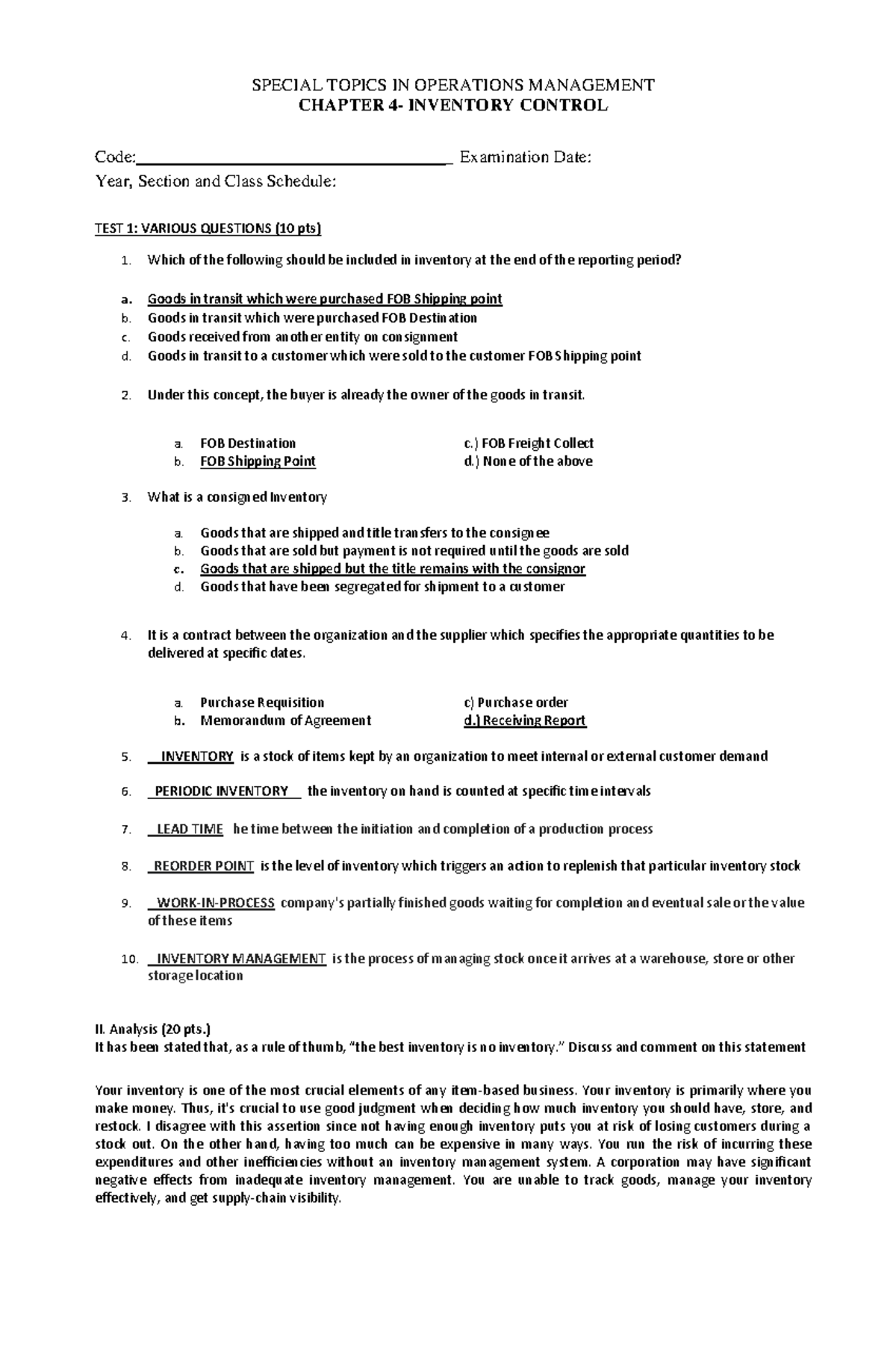 Inventory Control Quiz Special Topics In Operations Management