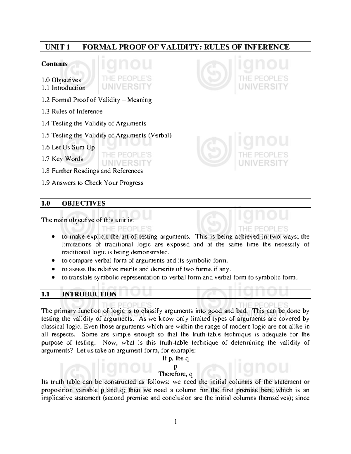 Unit-1 - UNIT 1 FORMAL PROOF OF VALIDITY: RULES OF INFERENCE Contents 1 Objectives 1 ...