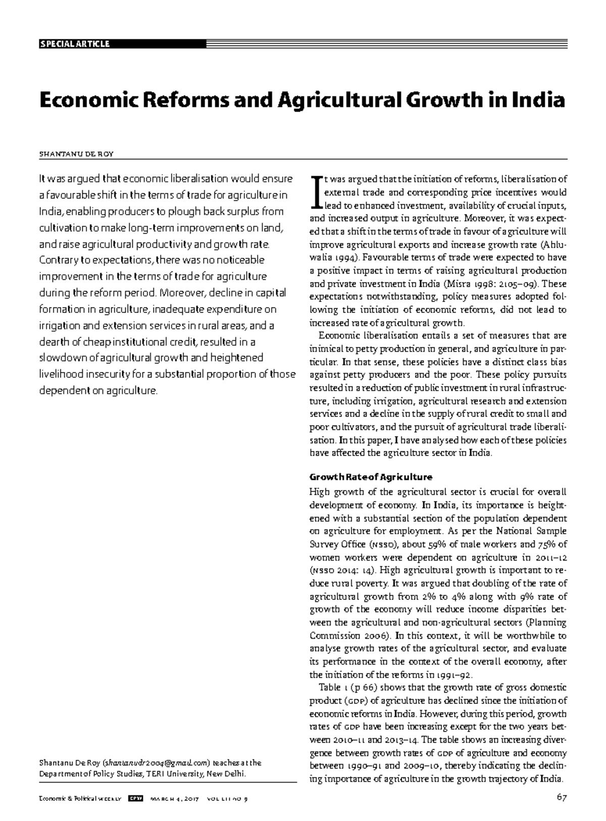 Economic Reforms and Agricultural Growth in India - Economic ...