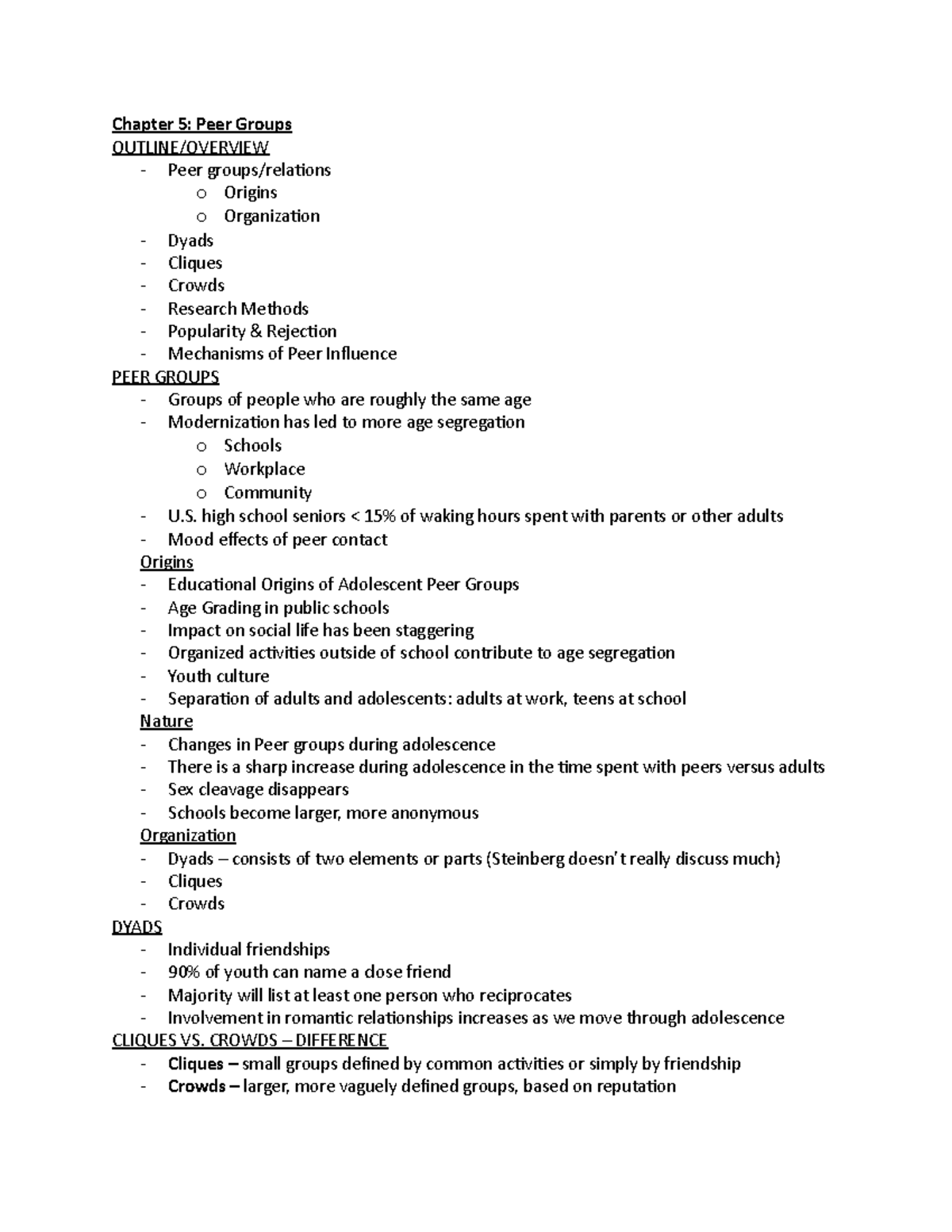 Chapter 5 - Peer Groups - Dr. Leitzel - Chapter 5: Peer Groups OUTLINE ...