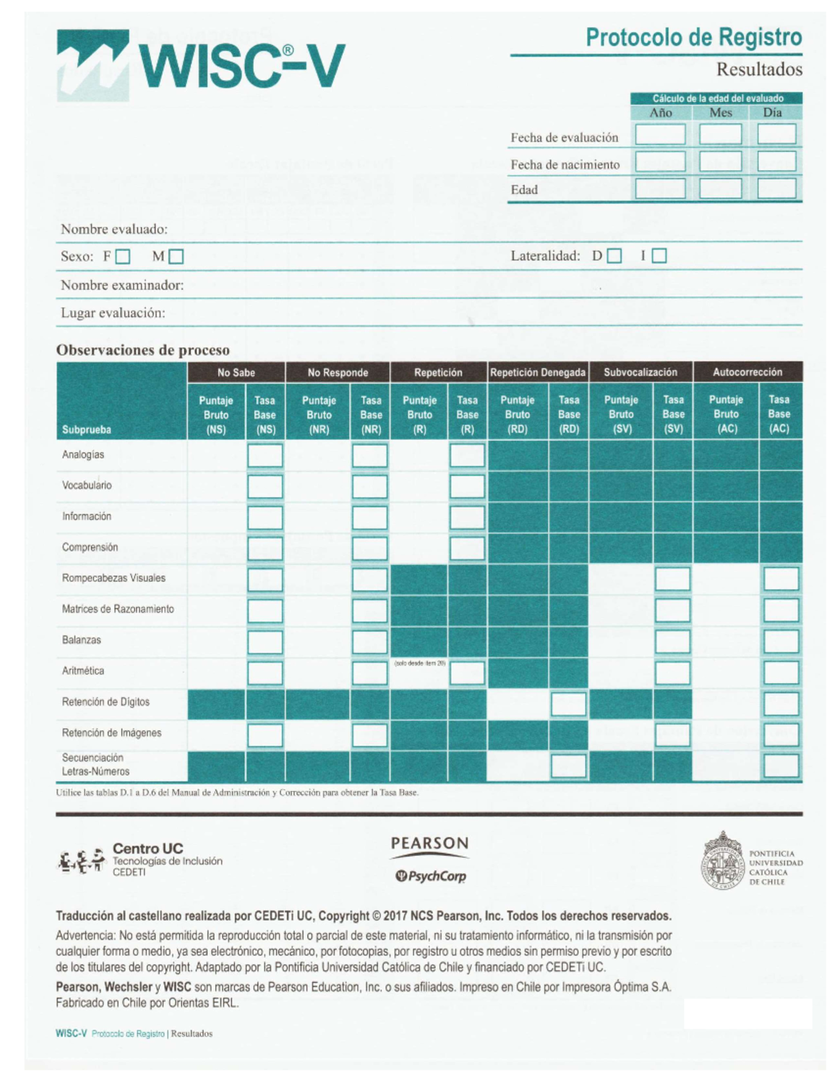 Protocolo WISC-V - Formulación Y Evaluación De Proyectos - UC - Studocu