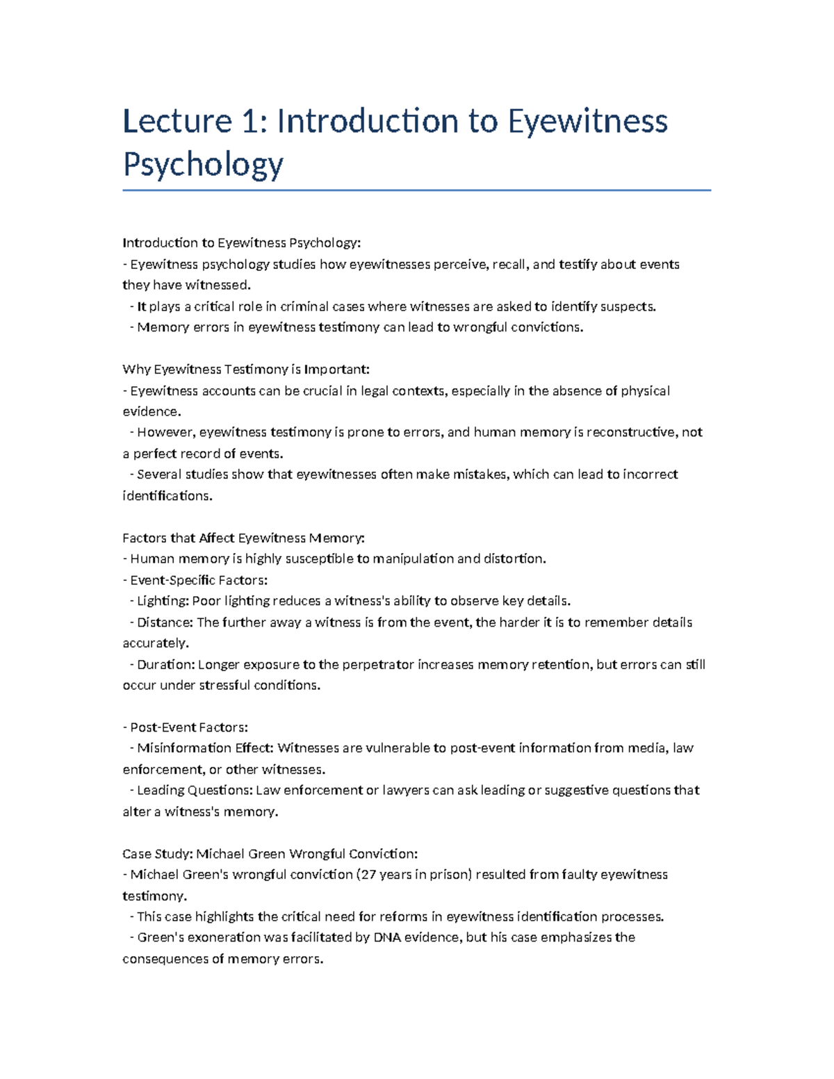 Eyewitness psych lectures 1-4 notes - Lecture 1: Introduction to ...