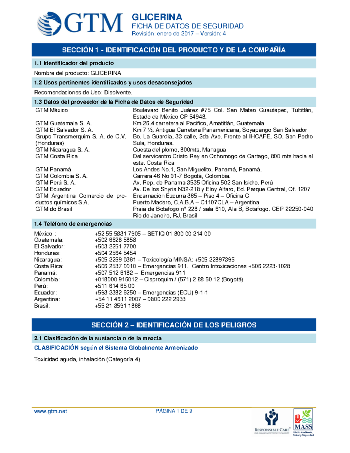 MSDS - Glicerina - IDEM - GLICERINA FICHA DE DATOS DE SEGURIDAD Revisión: enero de 2017 ...