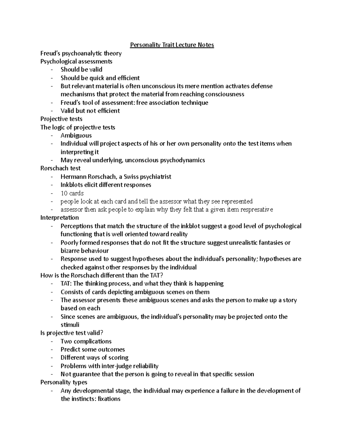 Personality Trait Lecture Notes Personality Trait Lecture Notes Freuds Psychoanalytic Theory