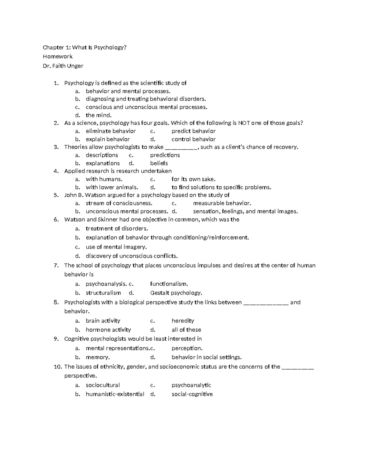 Chapter 1 hw 2 - Practice question - Chapter 1: What Is Psychology ...