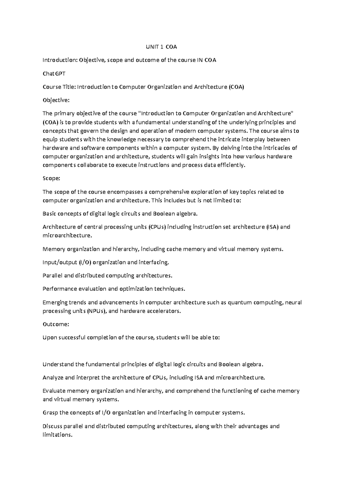 UNIT 1 COA - Notes - UNIT 1 COA Introduction: Objective, scope and ...